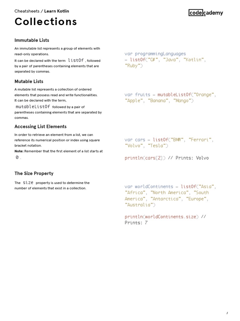 Learn Kotlin - Collections Cheatsheet - Codecademy | Download Free PDF ...