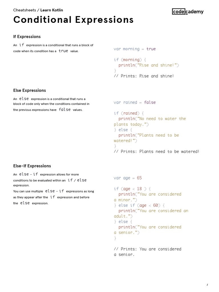Learn Kotlin - Conditional Expressions Cheatsheet - Codecademy | PDF ...