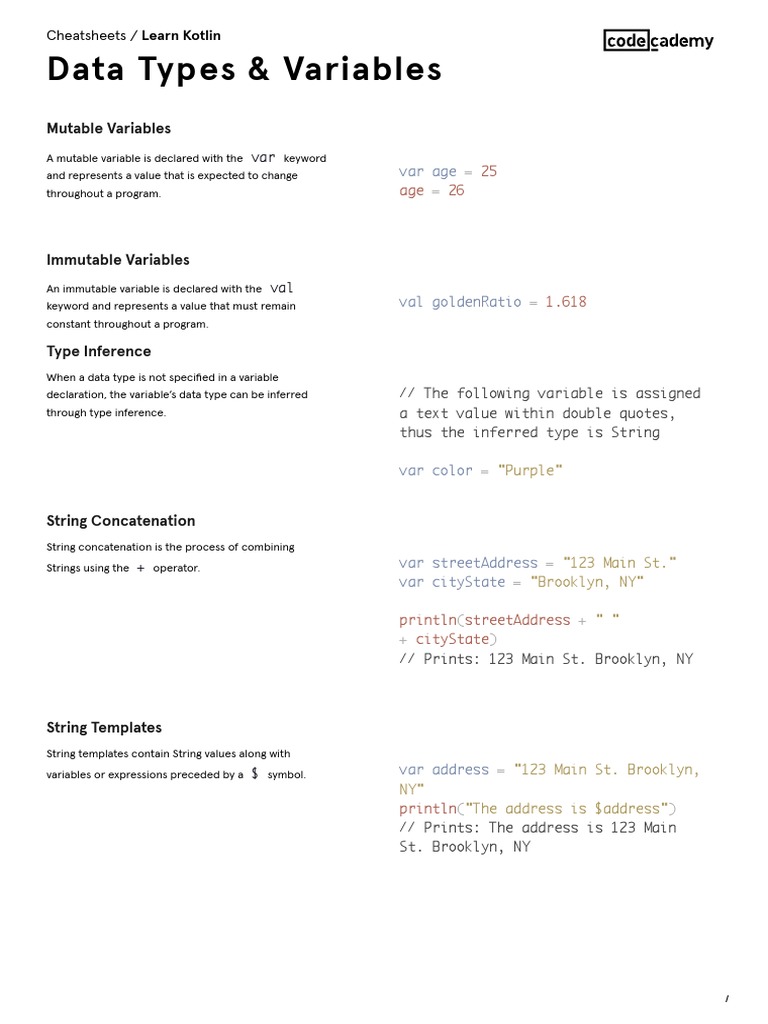 Learn Kotlin - Data Types & Variables Cheatsheet - Codecademy | PDF | String (Computer Science ...