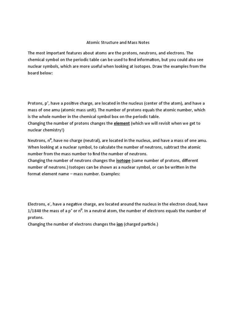 Atomic Structure and Mass Notes | PDF | Atoms | Proton