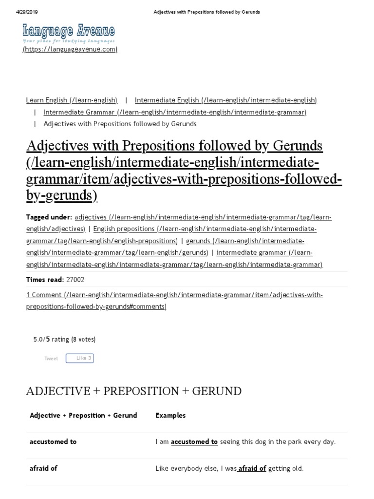 Adjectives With Prepositions Followed by Gerunds | PDF | Verb | English ...