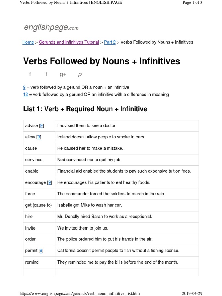 Verbs Followed by Nouns + Infinitive | PDF | Verb | Linguistic Typology