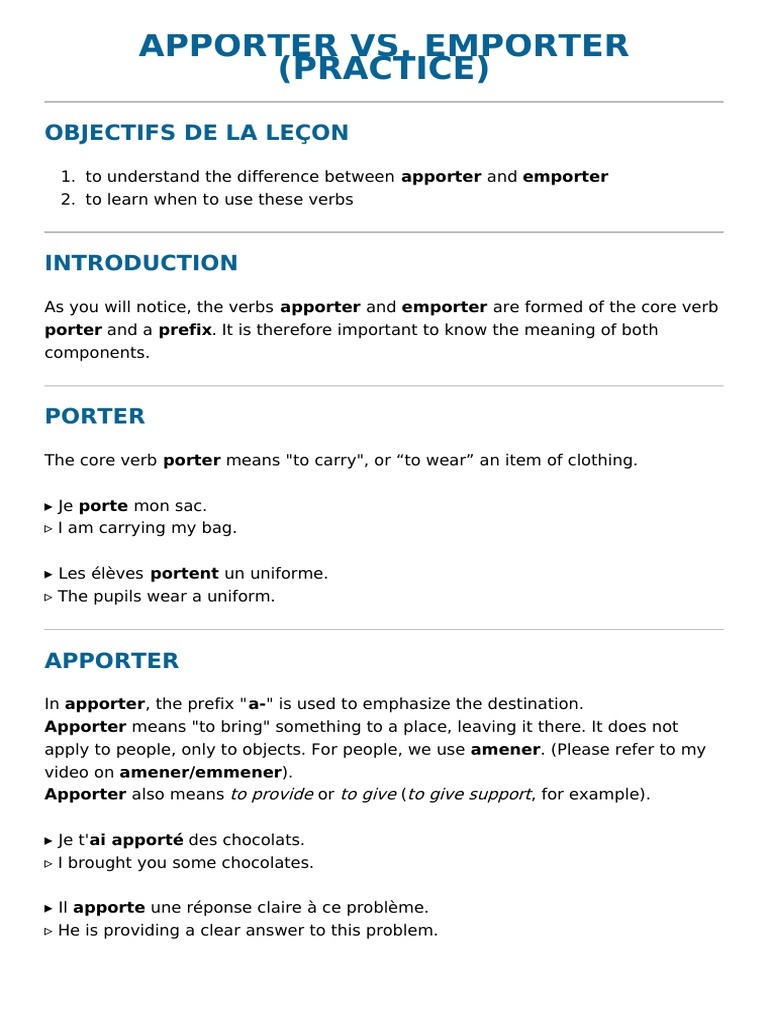 Apporter Vs Emporter Worksheet | PDF
