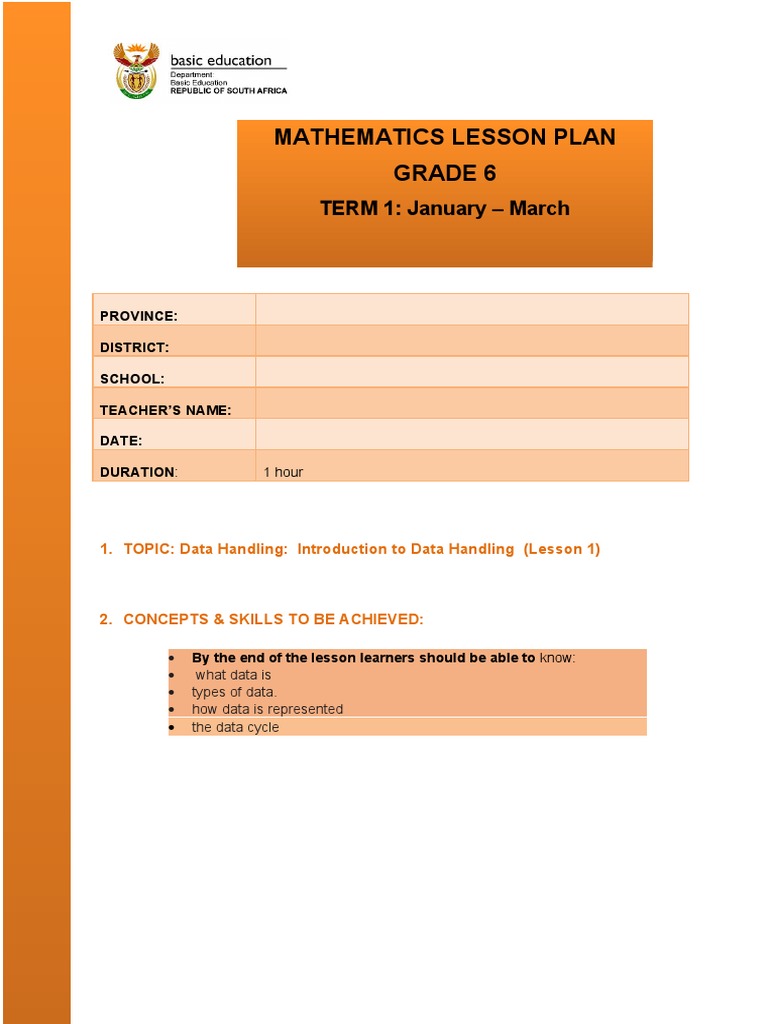 Grade 6 Term 1 Data Handling Lesson 1 2 | PDF | Lesson Plan | Data