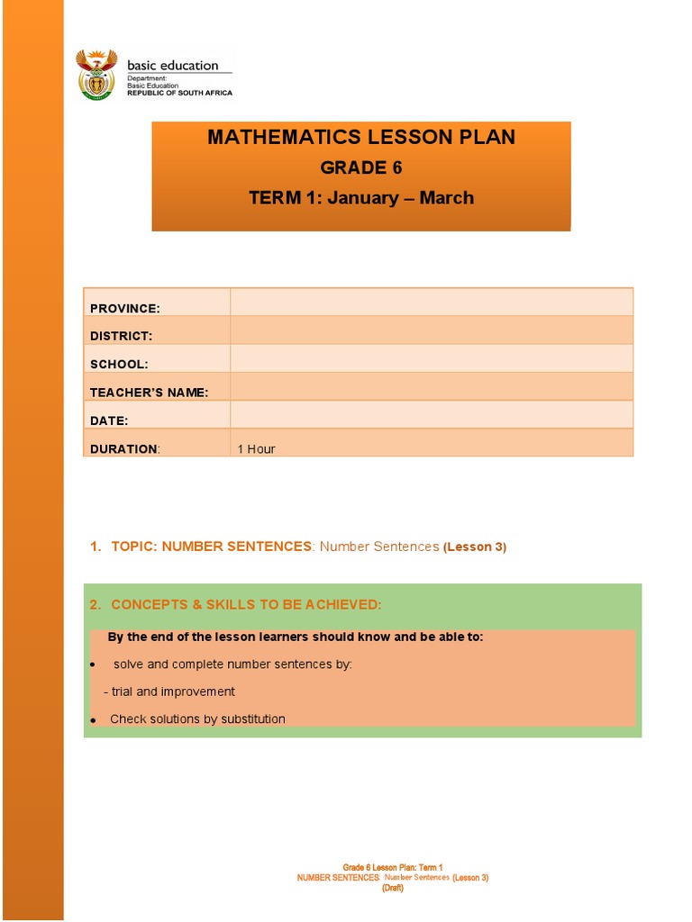 Grade 6 Term 1 NUMBER SENTENCES Lesson 3 2 | PDF | Textbook | Lesson Plan