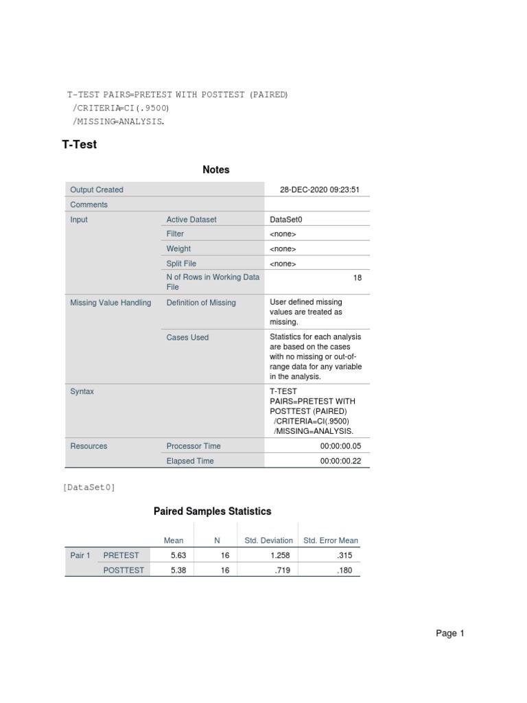 T-Test: T-Test Pairs Pretest With Posttest (Paired) /CRITERIA CI (.9500 ...