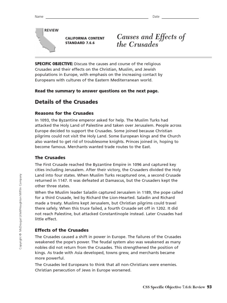 Causes and Effects of Crusades Worksheet | PDF | Crusades | Byzantine ...