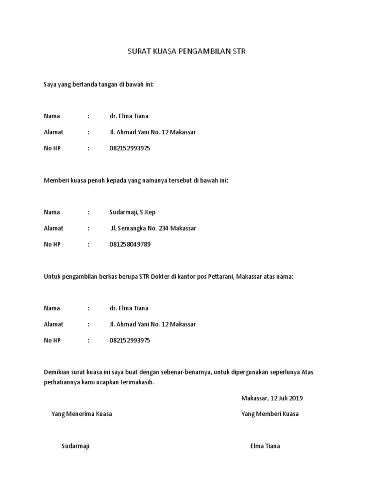 Surat Kuasa Pengambilan STR Dokter | PDF