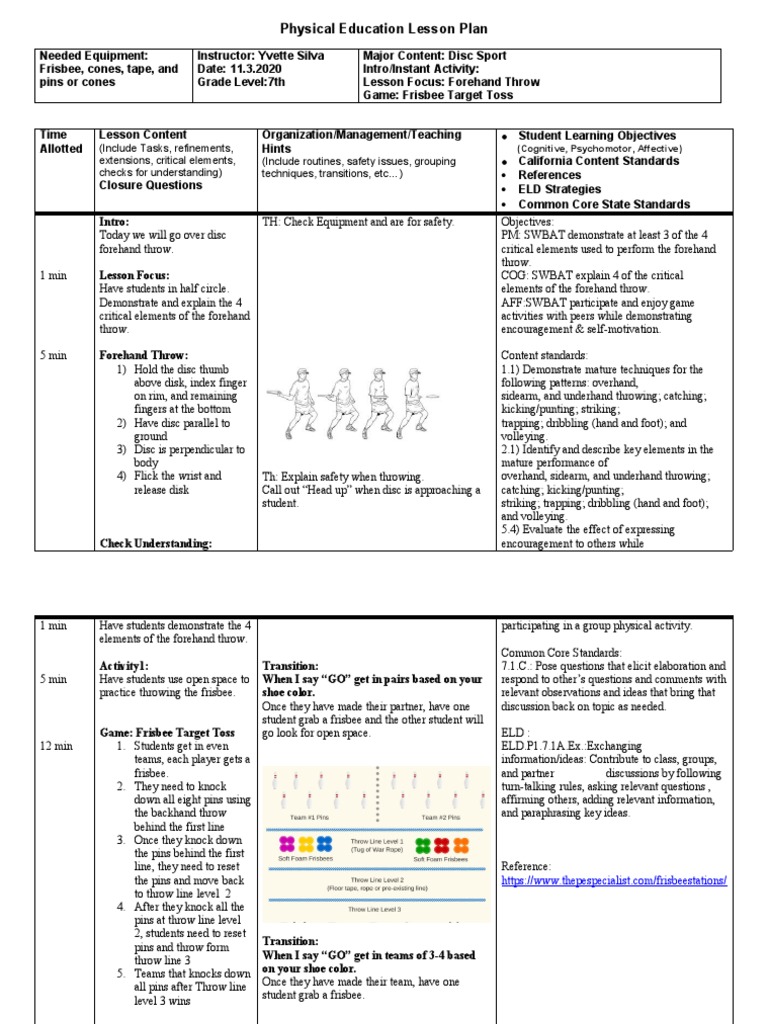 Physical Education Lesson Plan - Frisbee Day 1 | PDF | Lesson Plan ...