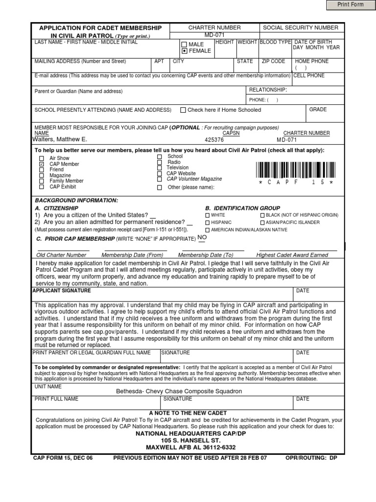 Form 15 - Membership Application | PDF | Civil Air Patrol | Race And ...