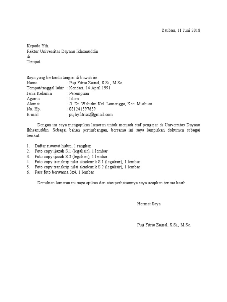 Surat Lamaran Kerja Unidayan PFZ | PDF