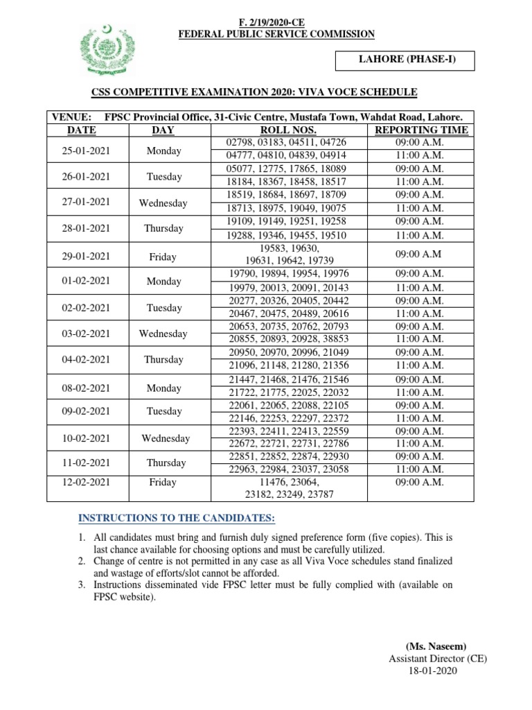 CSS 2020 Viva Voce Schedule Lahore | PDF