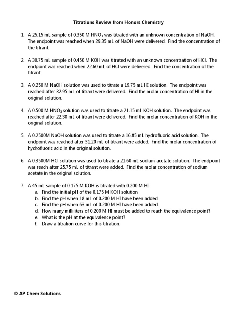 Titrations Review From Honors Chemistry | PDF