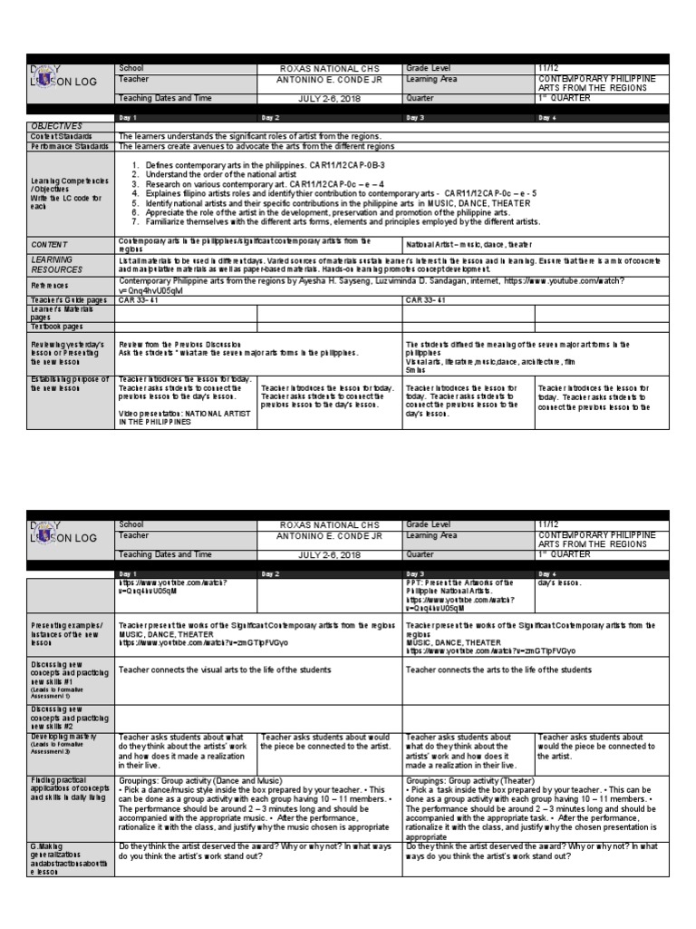 DLL WK 3 Contemporary Philippine Arts From The Regions | PDF | Teachers ...