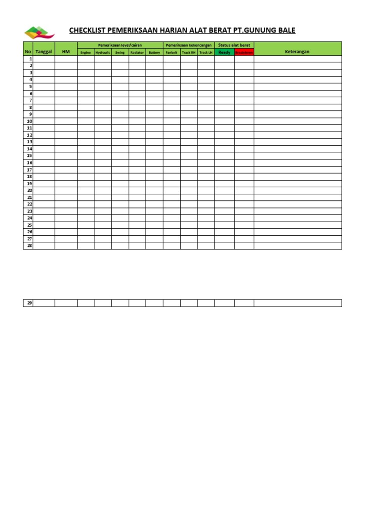 Checklist Harian Alat Berat PT. Gunung Bale | PDF