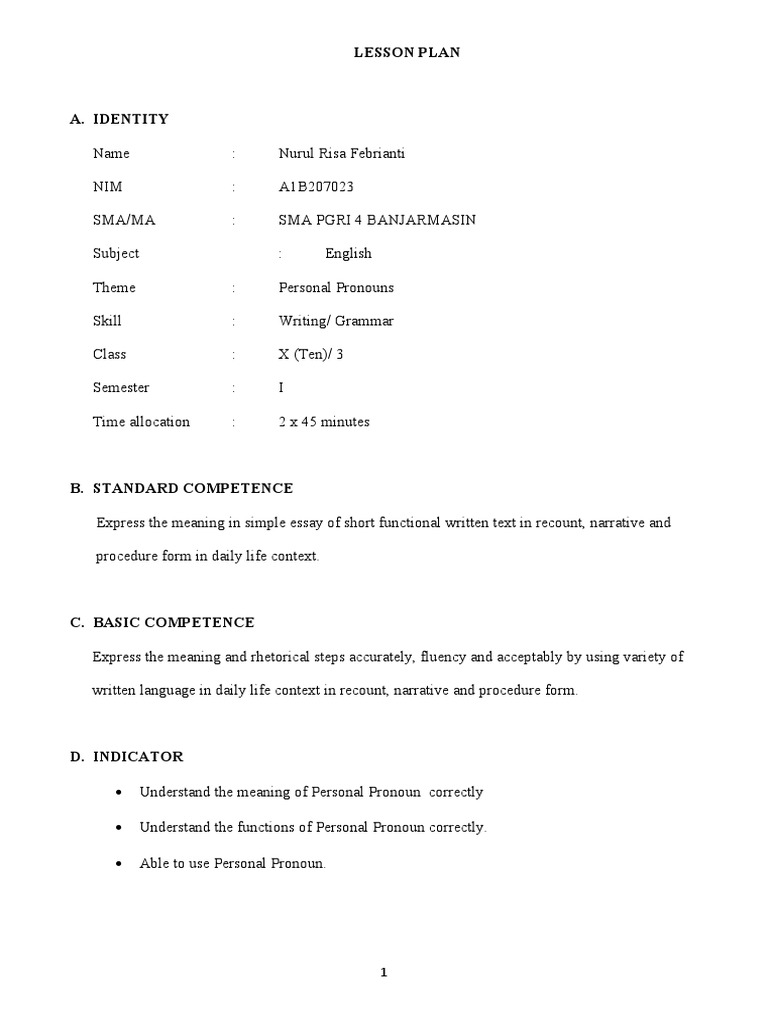LESSON PLAN Personal Pronouns | PDF | Pronoun | Chemist