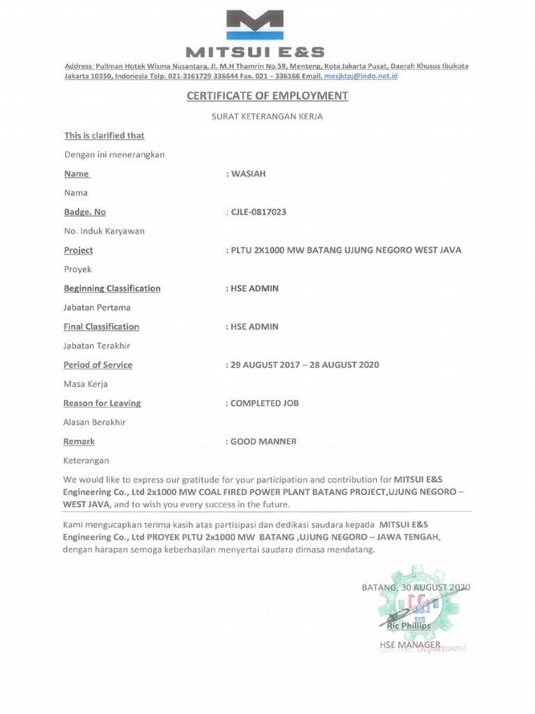Wasiah Paklaring MES HSE Admin | PDF