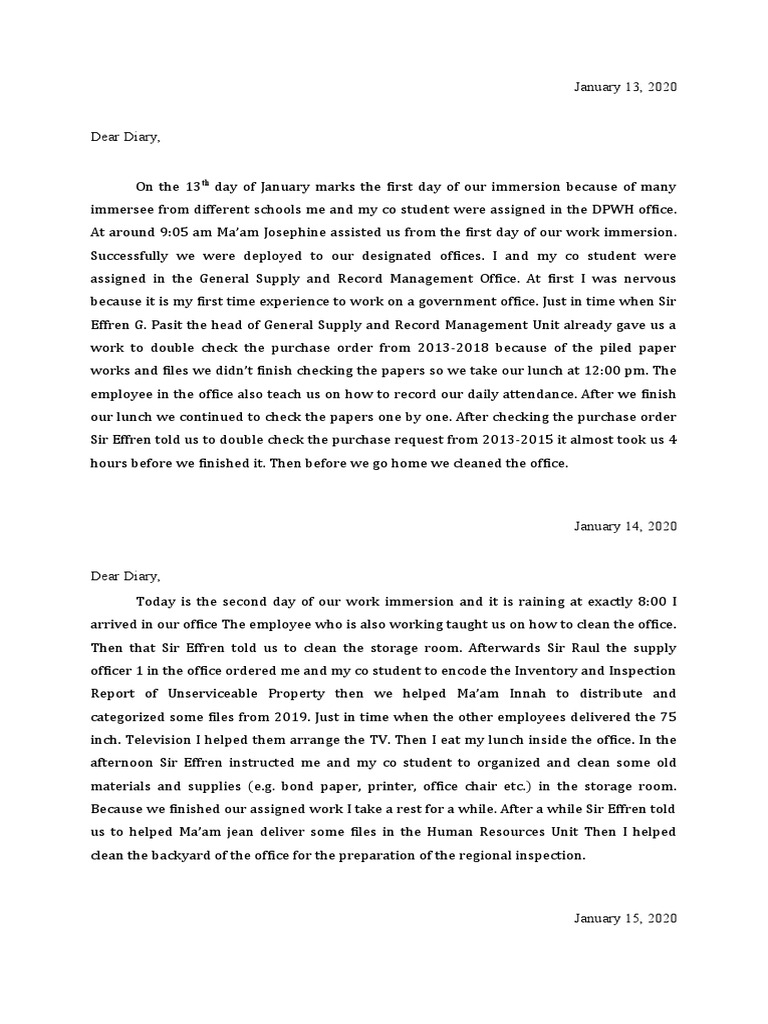 Student's Work Immersion Diary | PDF | Business