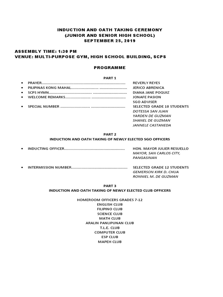 Induction and Oath Taking Ceremony Program Flow | PDF | Educational ...