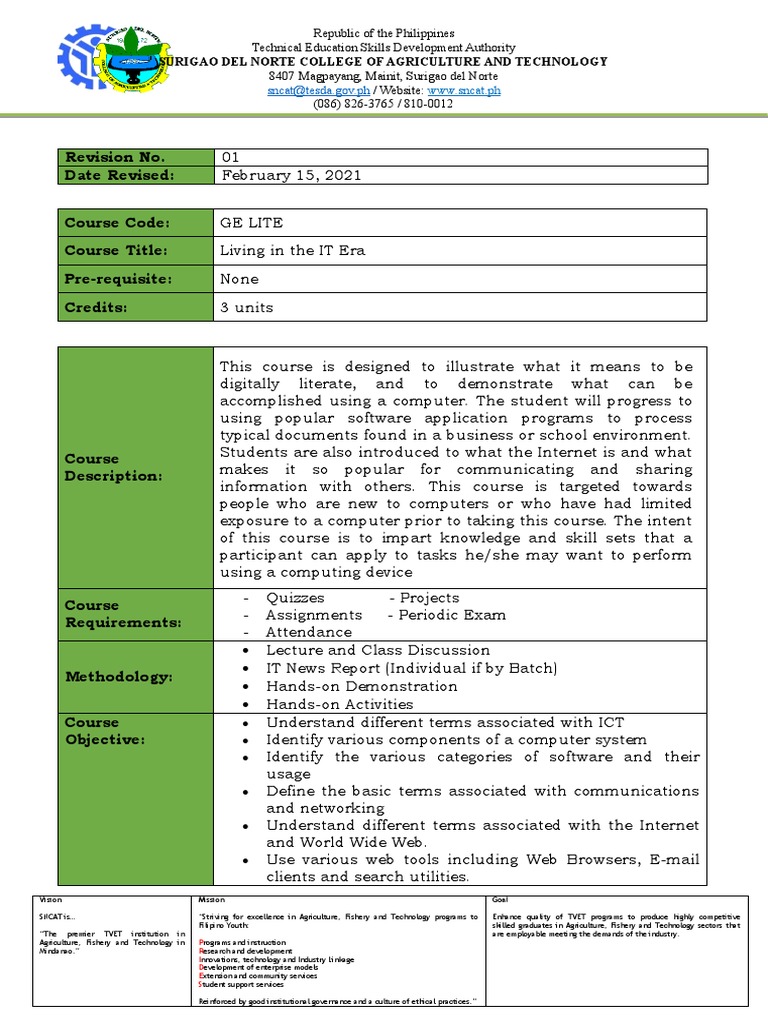 Revision No. Date Revised: Course Code: Course Title: Pre-Requisite ...