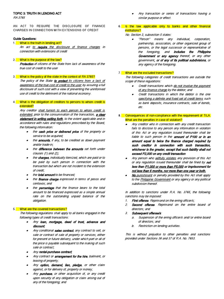 TILA | PDF | Truth In Lending Act | Credit