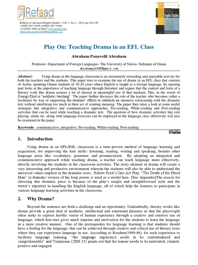 Play On: Teaching Drama in An EFL Class: Abraham Panavelil Abraham ...