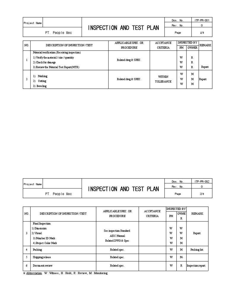 Inspection and Test Plan: PT. People Mec | PDF | Numerical Control ...