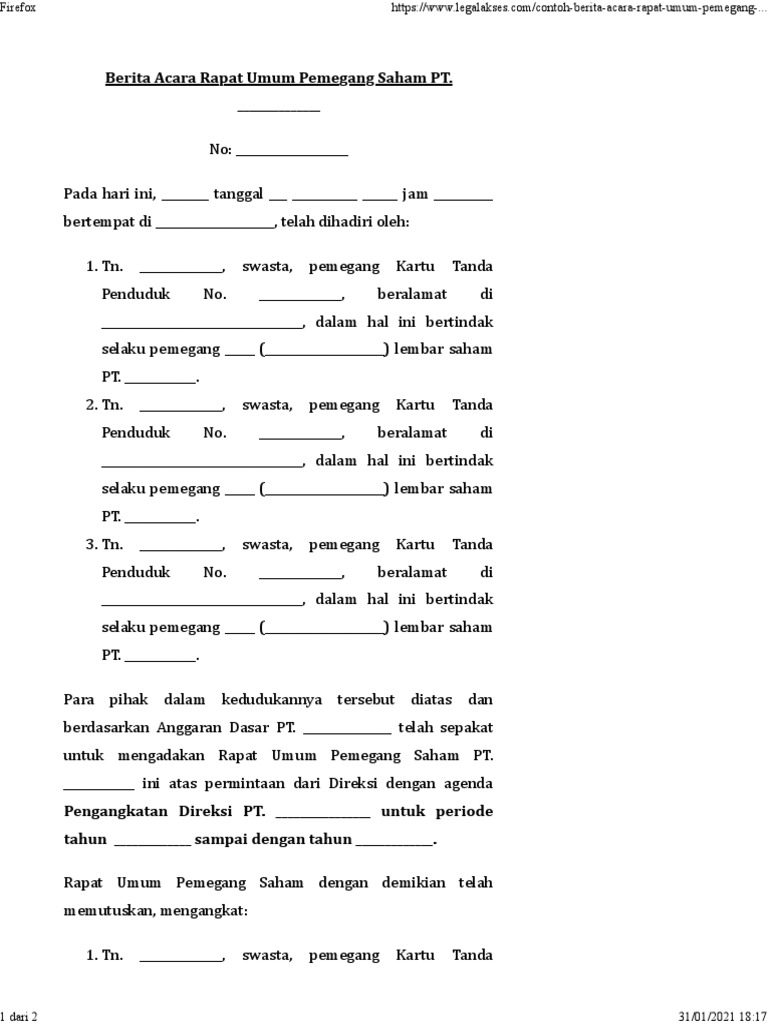 Contoh Berita Acara Rapat Umum Pemegang Saham (RUPS) Legal Akses | PDF