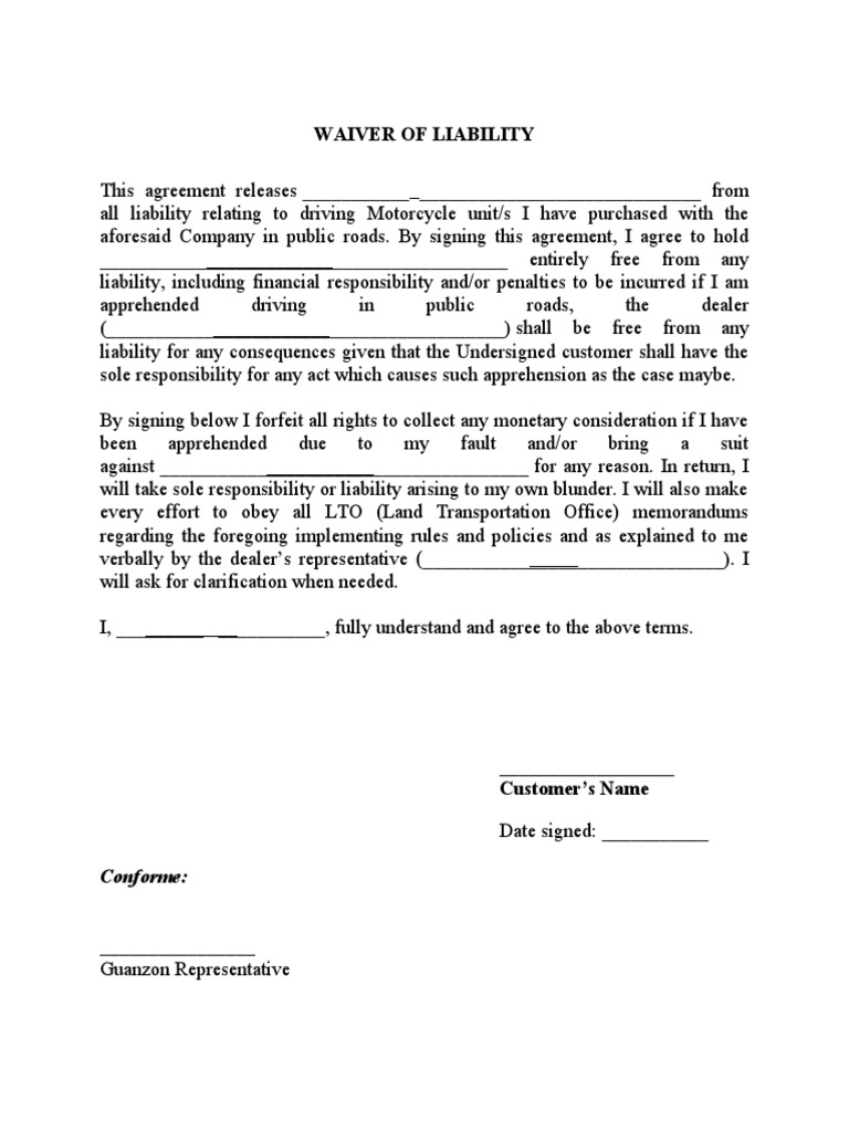 Motorcycle Liability Waiver Form | PDF | Business | Law