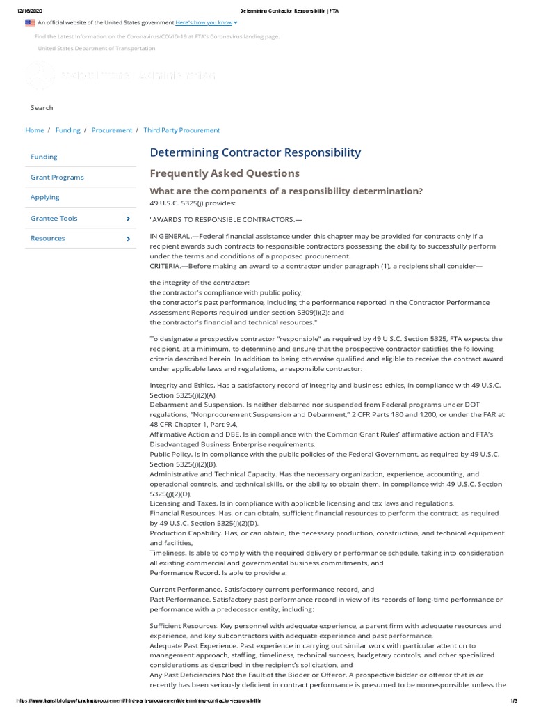 Determining Contractor Responsibility - FTA | PDF | Request For ...