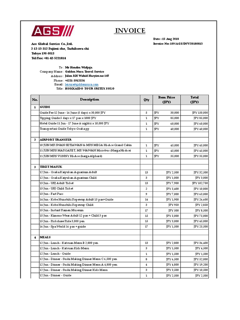 Invoice: Ace Global Service Co.,Ltd. 2-12-15-312 Fujimi-Cho, Tachikawa ...