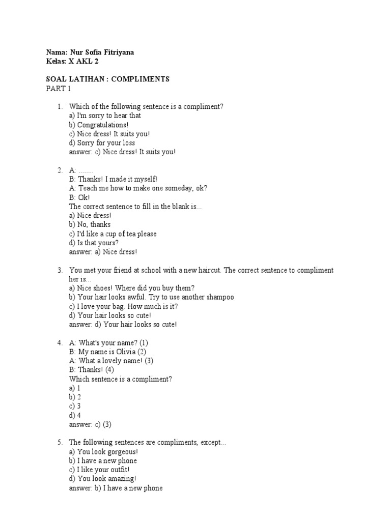 Soal Latihan Compliment N Congratulations | PDF