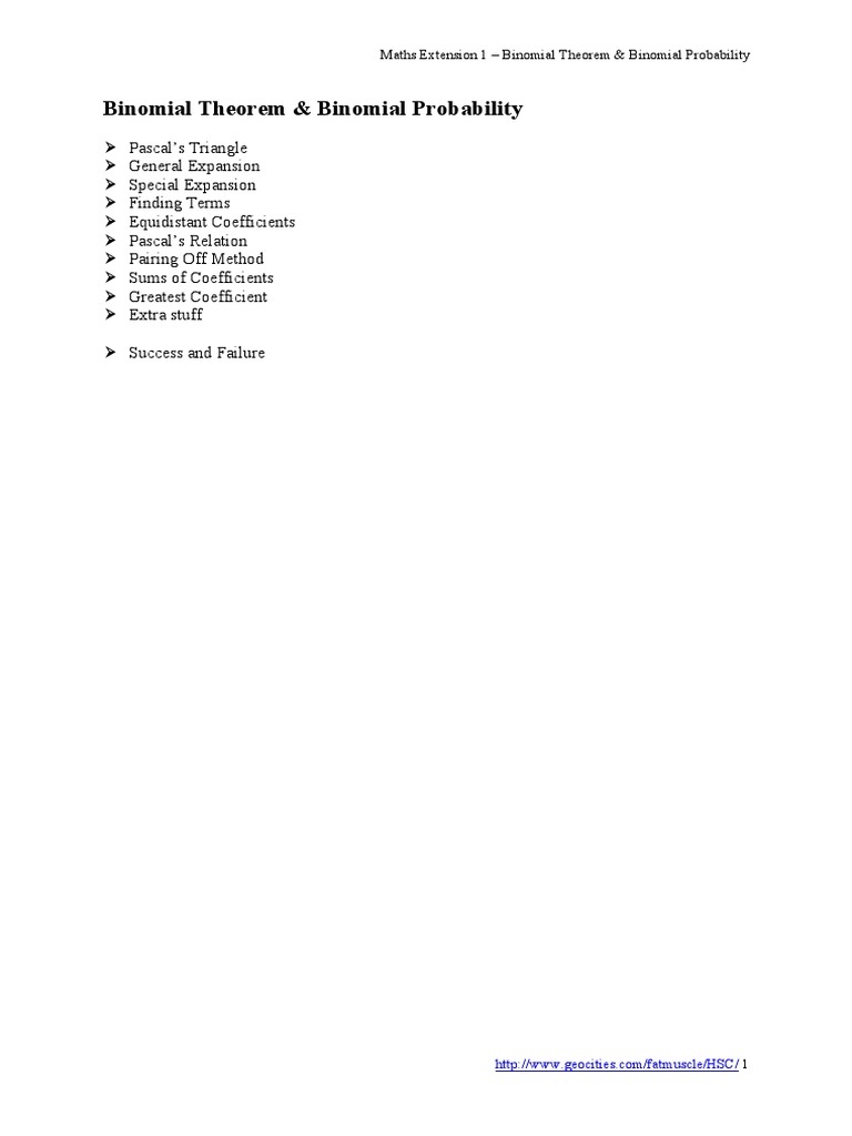 Maths Extension 1 - Binomial Theorem & Binomial Probability | PDF ...