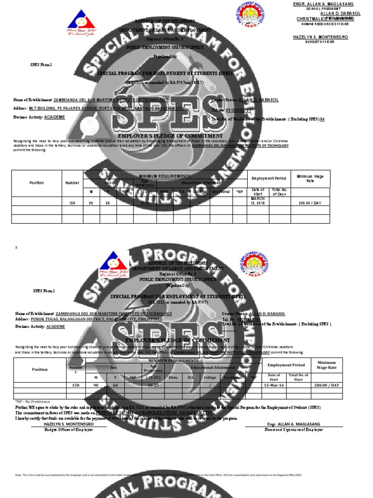 Special Program For Employment of Students (Spes) : Employer'S Pledge ...