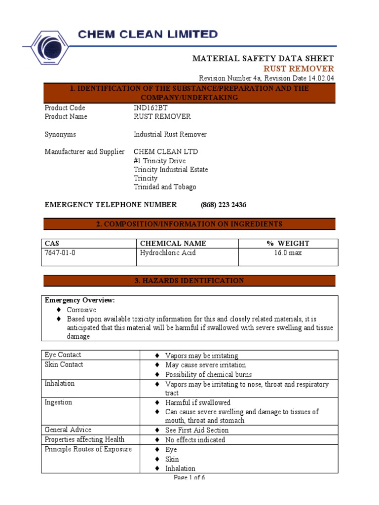 Rust Remover MSDS | PDF | Wellness