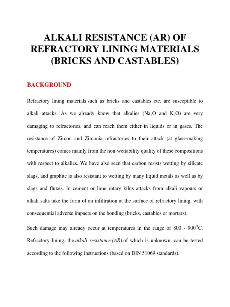 Alkali Resistance (Ar) of Refractory Lining Materials (Bricks and ...