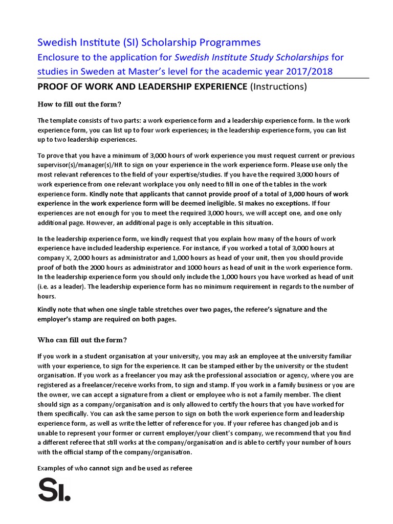 Proof of Work and Leadership Experience Template SISS 2017 2018 | PDF ...