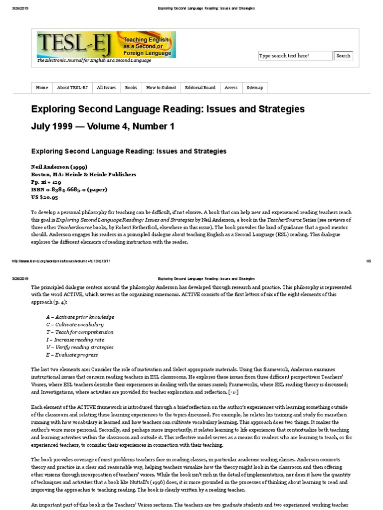 Anderson, 1999. Exploring Second Language Reading - Issues and Strategies | Download Free PDF ...