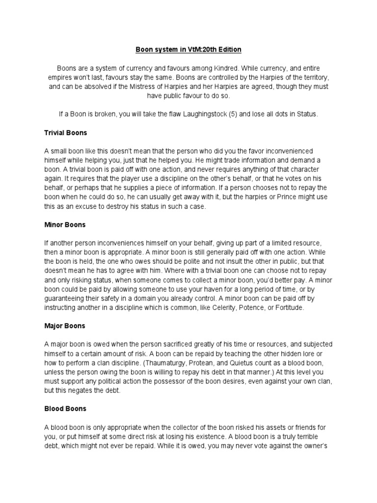 Boon System in Vtm:20Th Edition | Download Free PDF | Debt | Economies
