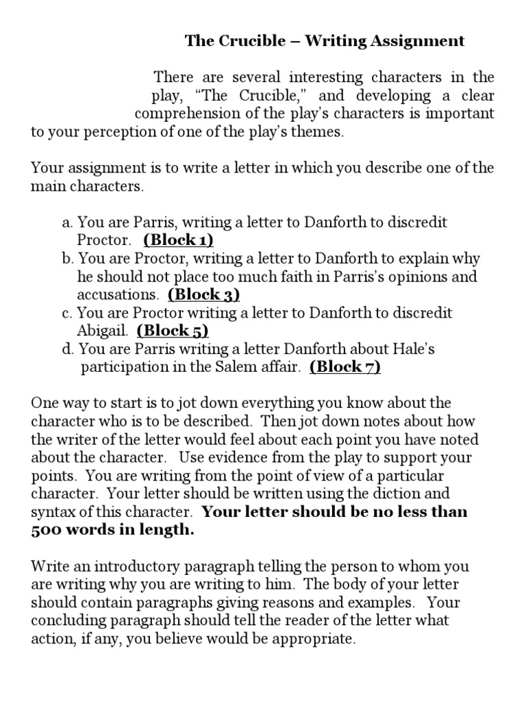 Character Letter Assignment for The Crucible | PDF | Linguistics ...