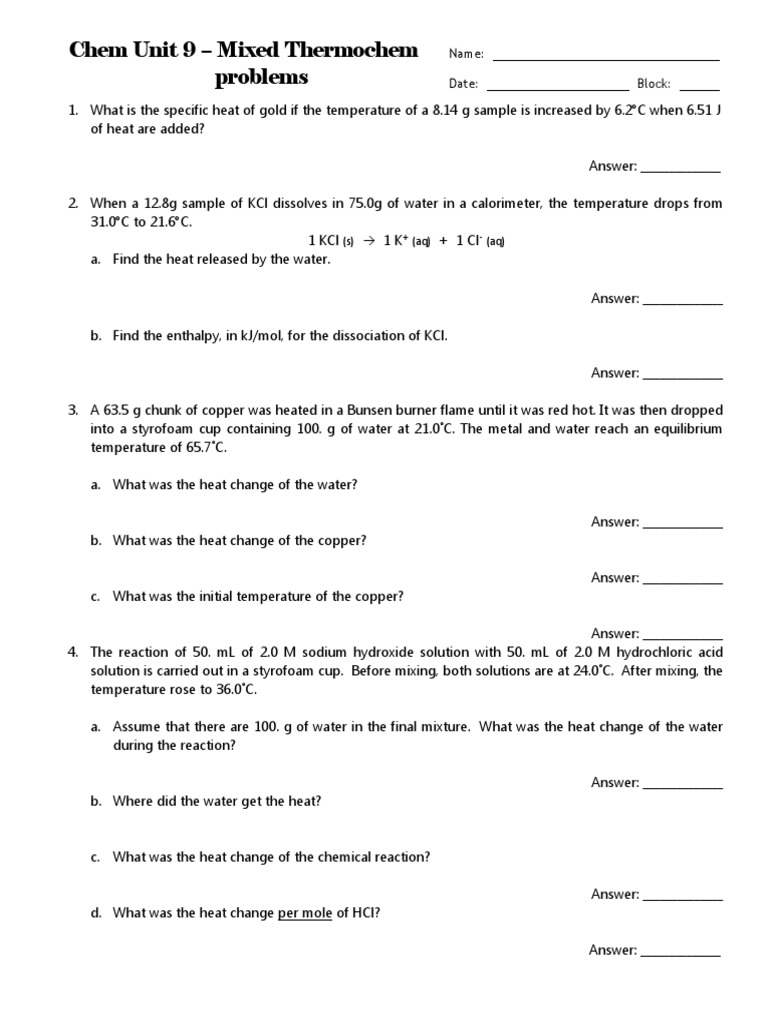Thermochemistry Problem Set Solutions | PDF | Hydrochloric Acid ...