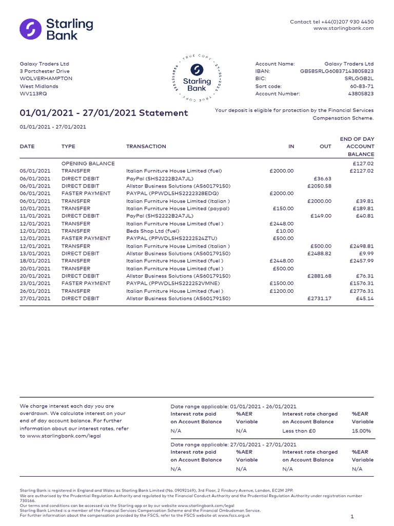 01/01/2021 - 27/01/2021 Statement: Contact Tel +44 (0) 207 930 4450 | PDF