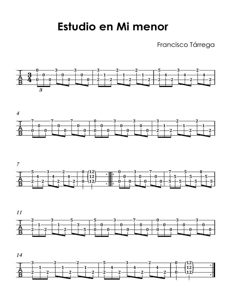 Estudio en Mi Menor Tárrega - Partitura Completa | PDF