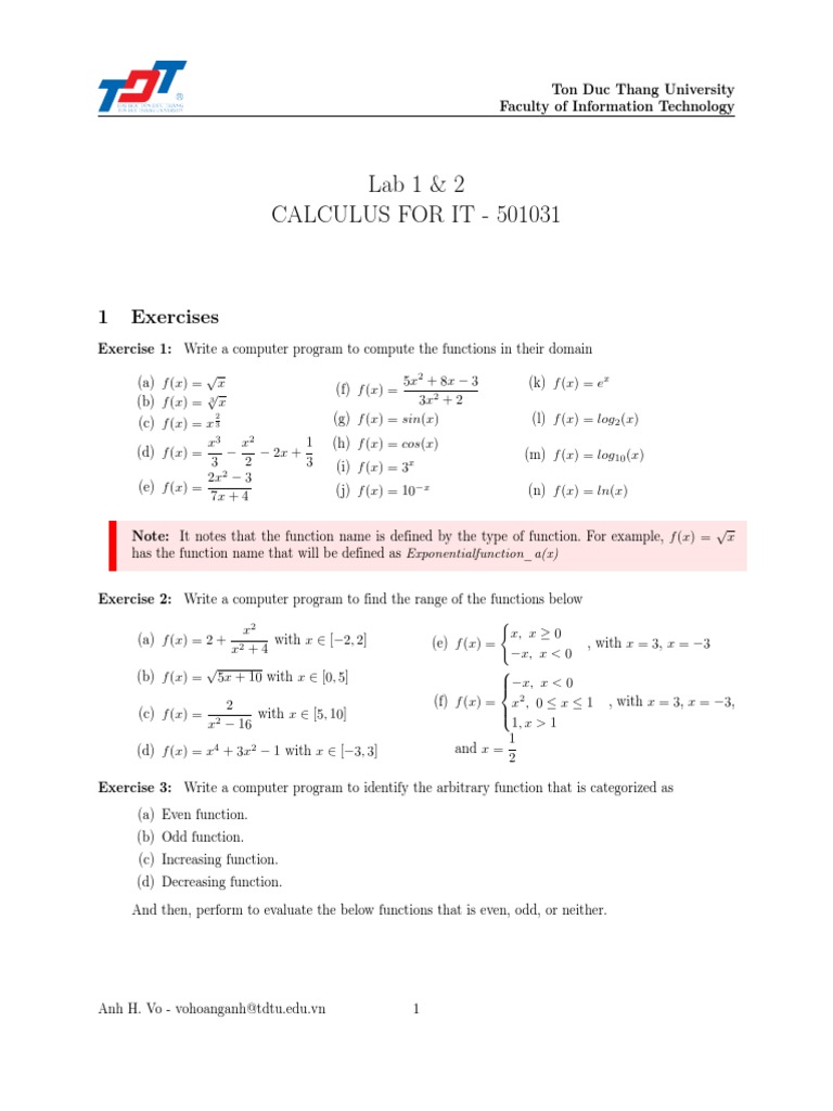 Lab 1 & 2 Calculus For It - 501031: 1 Exercises | PDF | Function ...