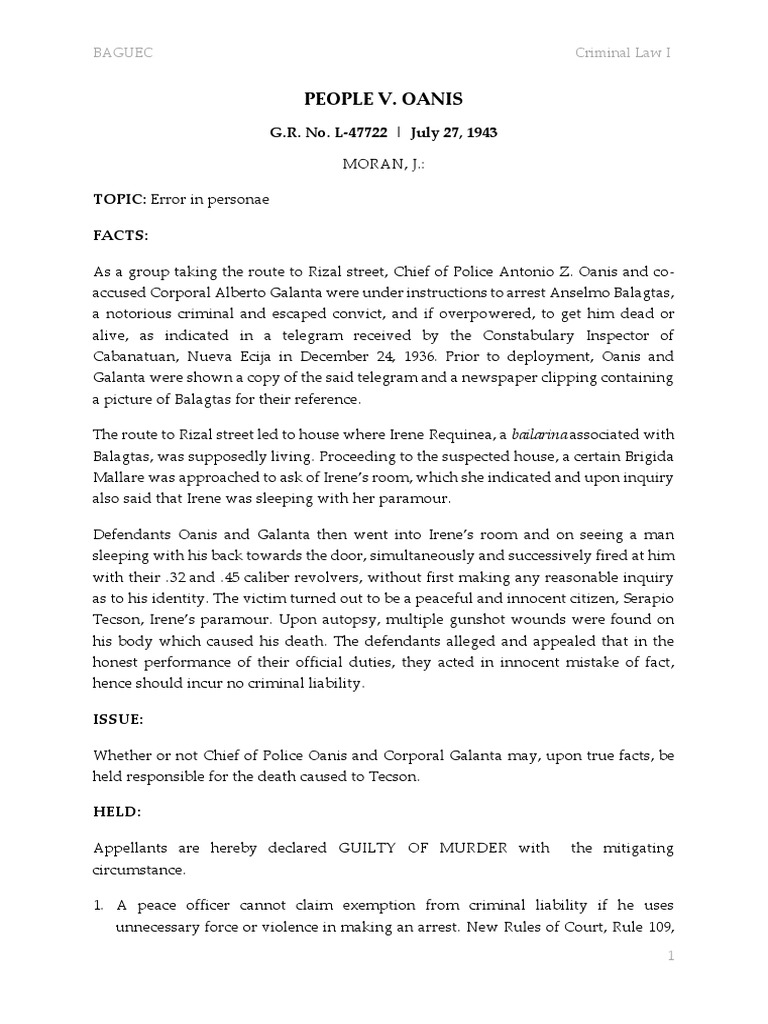 People vs. Oanis and Galanta (G.R. L-47722, 1943) | PDF | Arrest ...