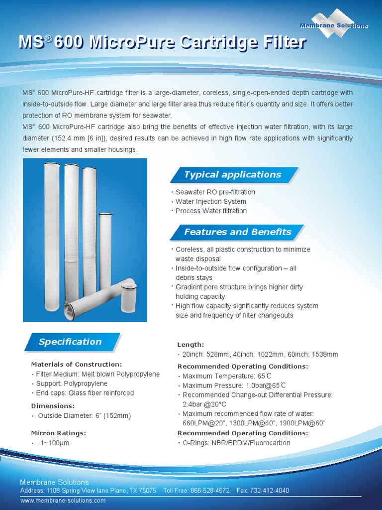 600 MicroPure Cartridge Filter | PDF | Filtration | Flow Measurement