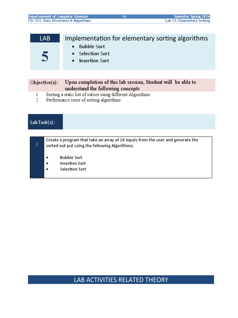 Implementation For Elementary Sorting Algorithms: Bubble Sort Selection Sort Insertion Sort ...