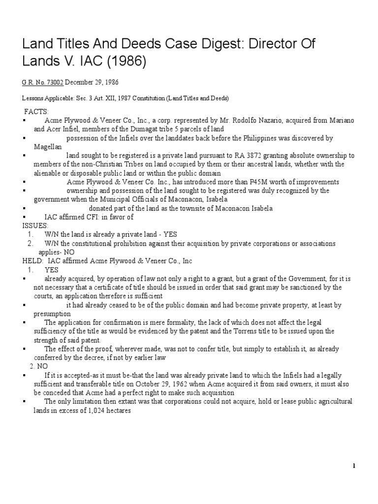 Land Titles Case Digest: Director of Lands | PDF | Title (Property ...