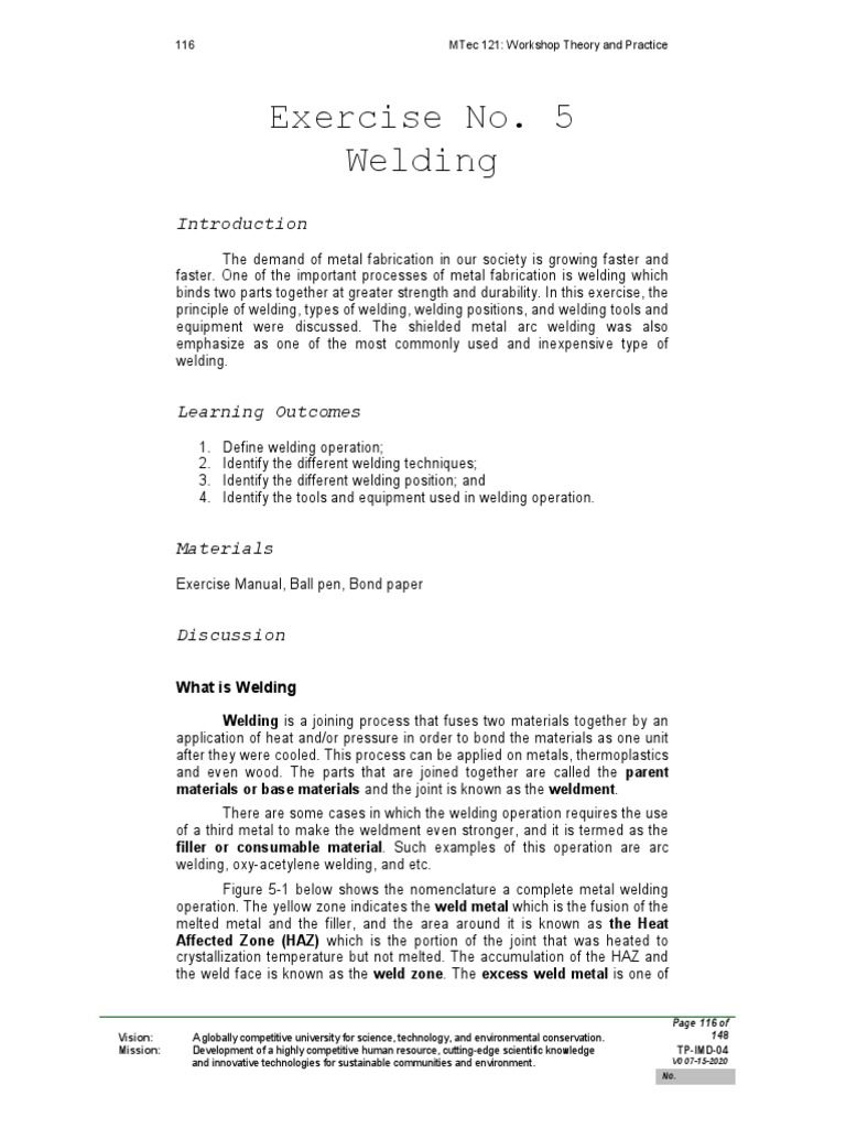 Exercise No. 5 Welding: Mtec 121: Workshop Theory and Practice 116 ...