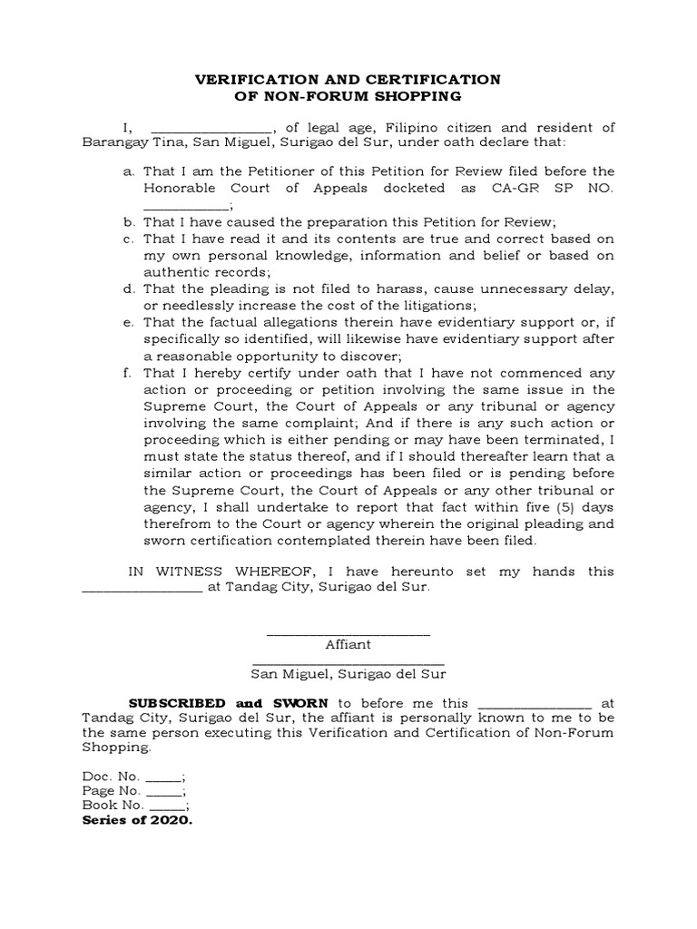 VERIFICATION and CERTIFICATION OF NON - FORUM SHOPPING | PDF